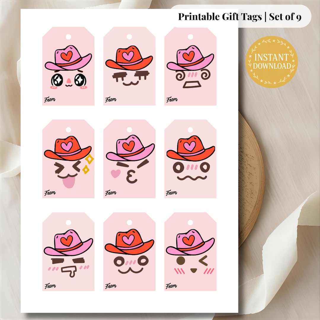 Printable Valentine Gift Tags Set of 9 | Cute Pink Cowboy Hat Tags for ...