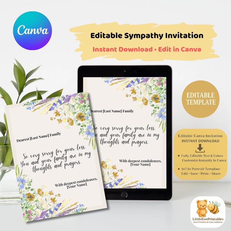 Editable Sympathy Card Template Canva | Printable Funeral Condolence ...