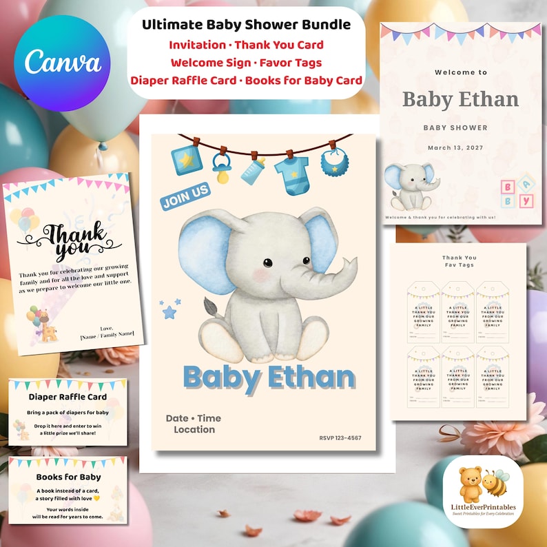 Ultimate Elephant Baby Shower Bundle Template | Editable Canva Invite ...