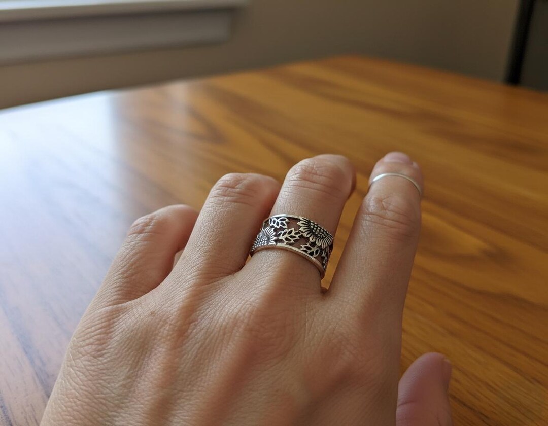 Sterling Silver Sunflower Engraved Ring, Oxidized Floral Open Band ...