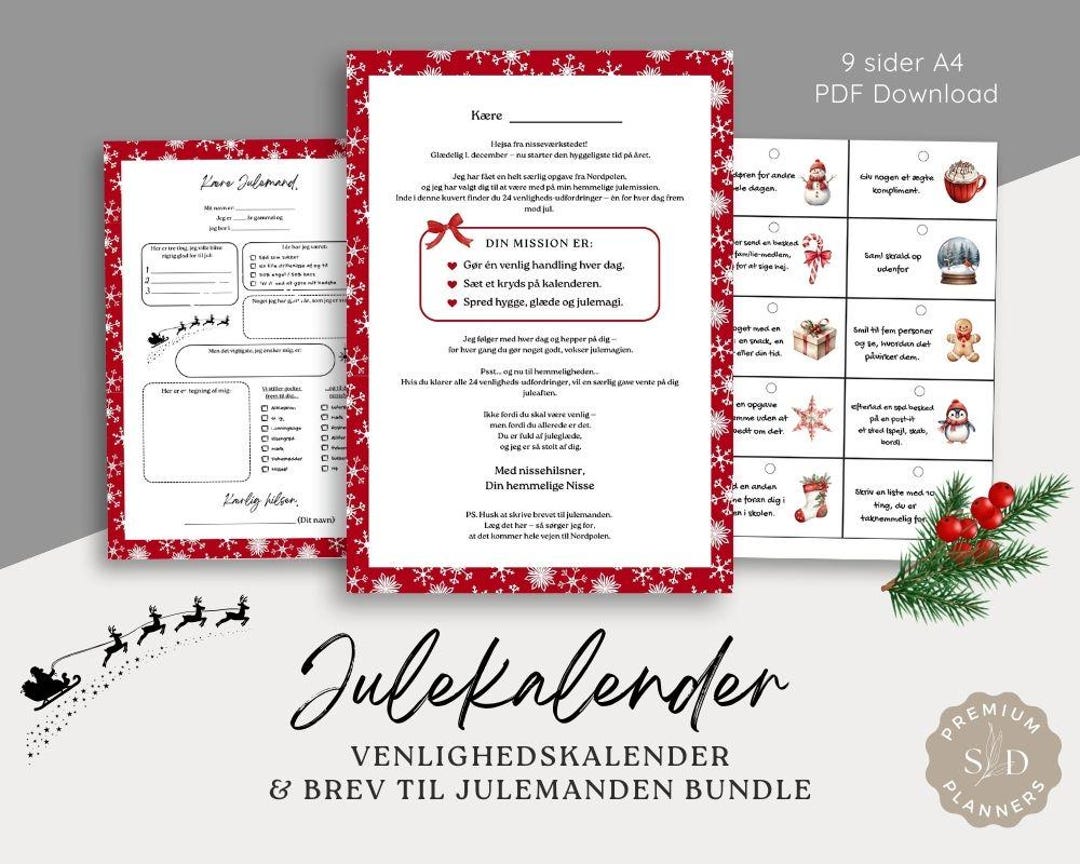 Jule Venlighedskalender Print Selv • 24 Julekort • Brev Fra Nissen ...