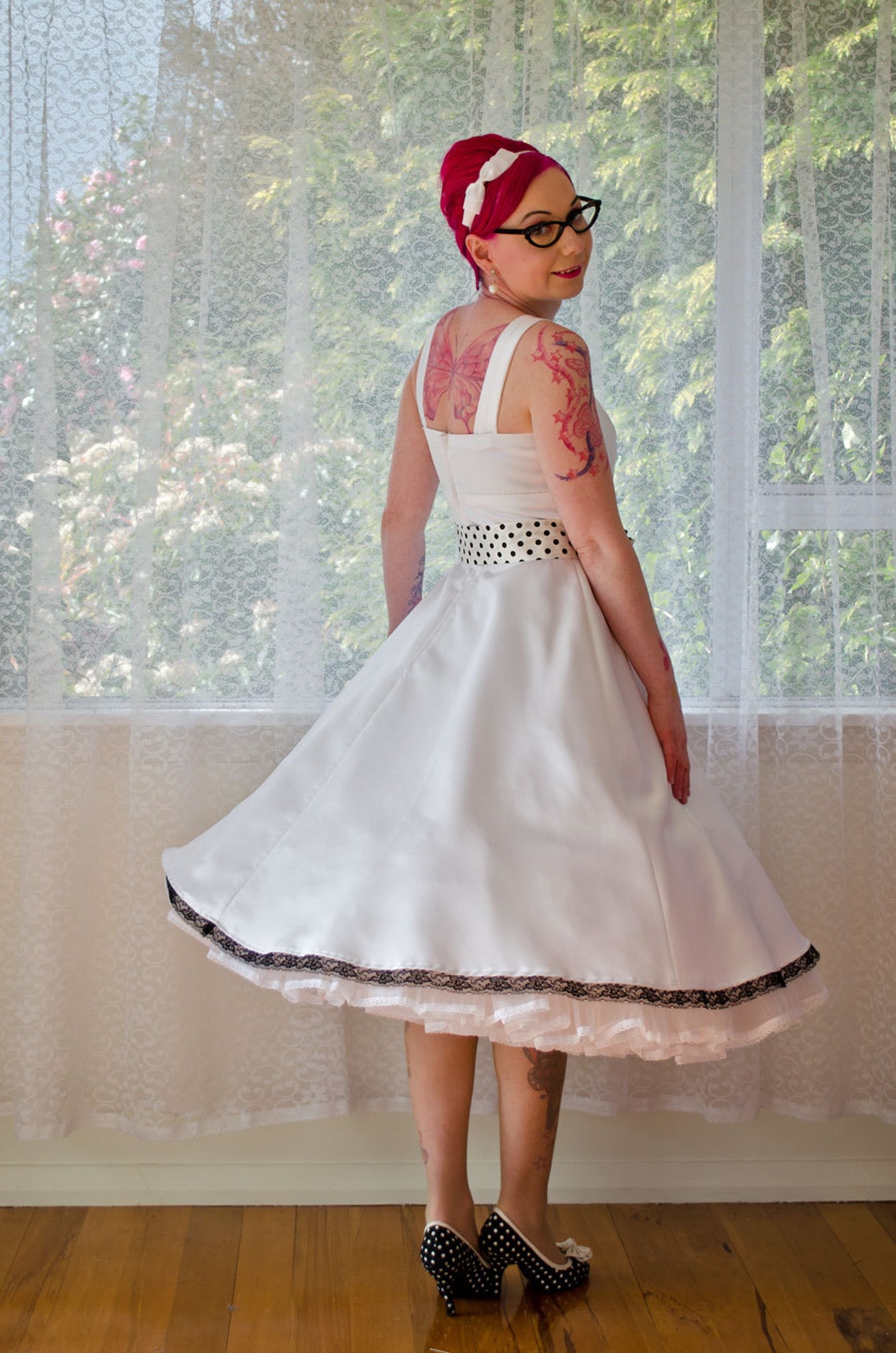 1950s Pin up 'audrey' Wedding Dress in a With Polka Dot Bodice, Belt ...