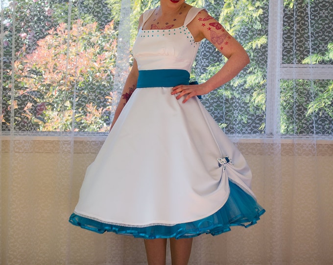 1950s Pin up Wedding Dress "mindy" Tea Length Style Peacock Blue Bow ...