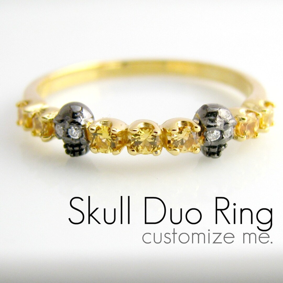 Half Eternity Skull Duo Diamond Eyes, Yellow Sapphire Ring, Tiny Skull ...