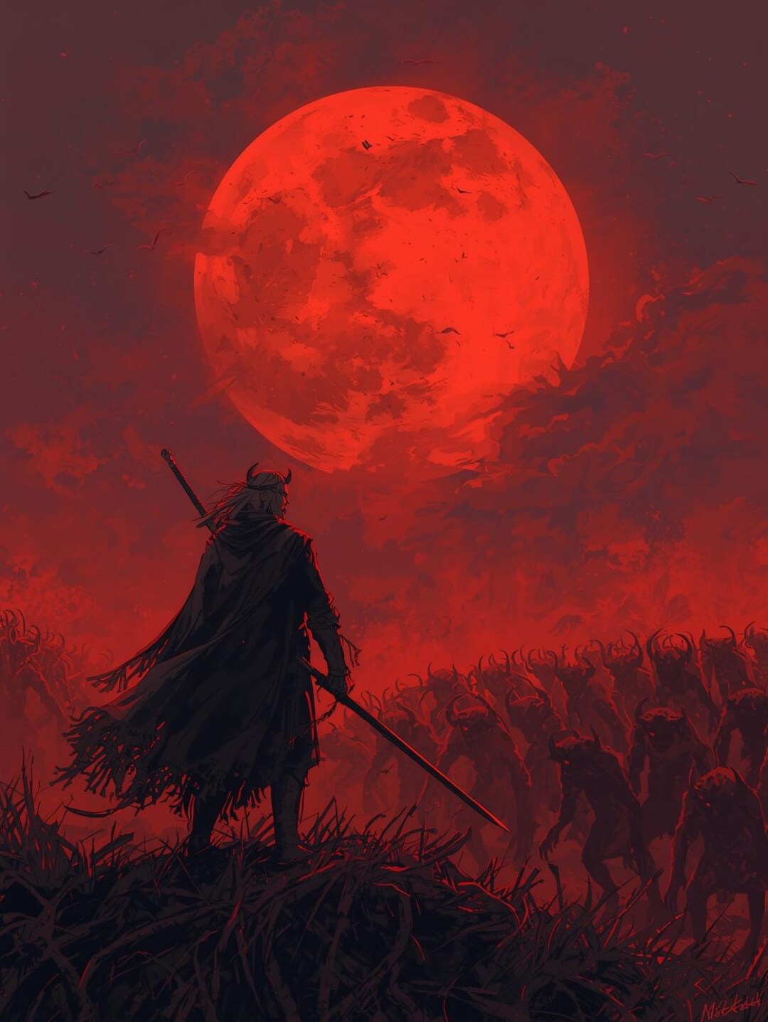 Lone Warrior Blood Moon Samurai Print, Digital Dark Fantasy Mythical ...