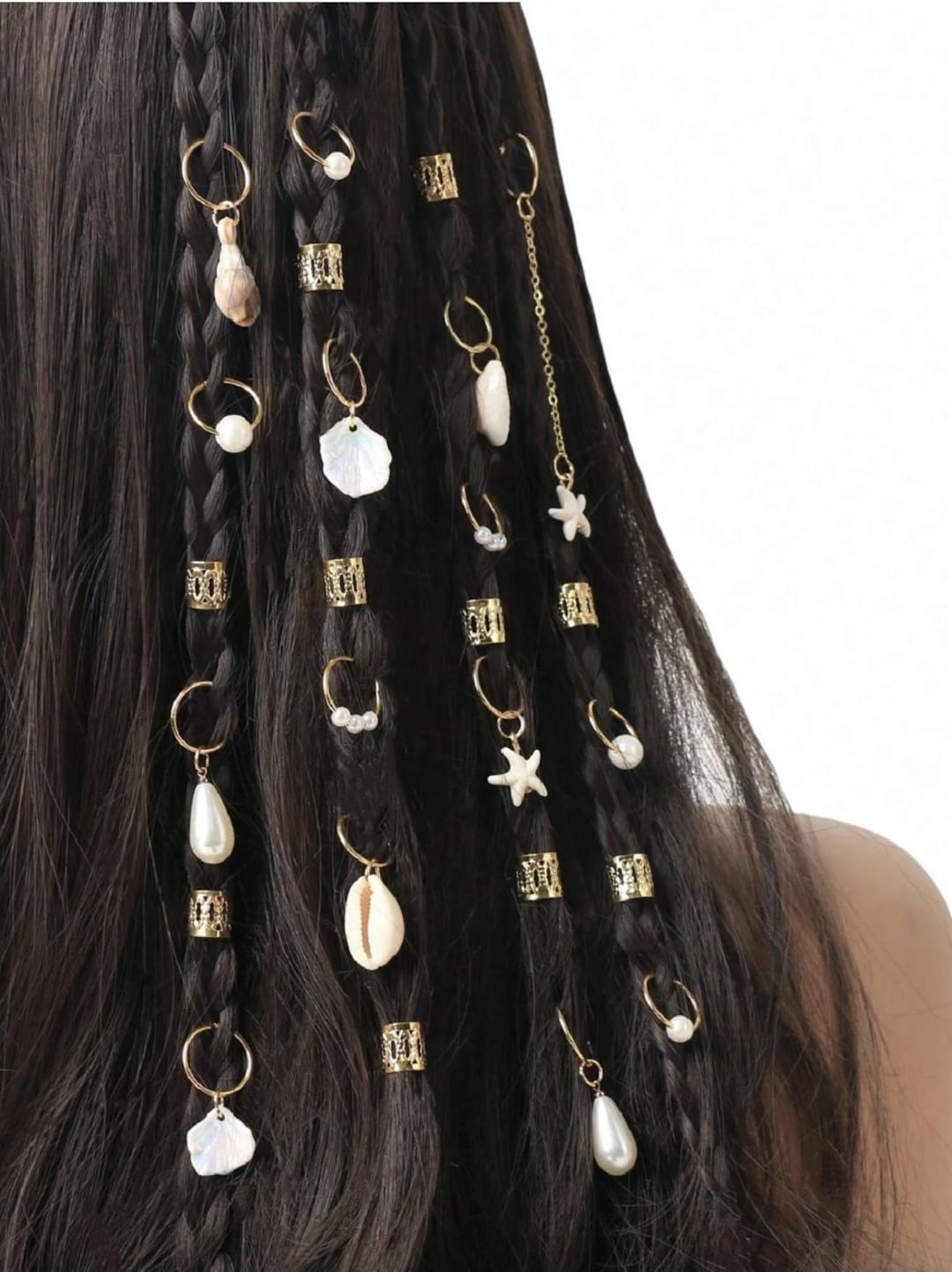 Gold Hair Rings for Braids, 26-piece Pearls & Seashell Braid Charms ...