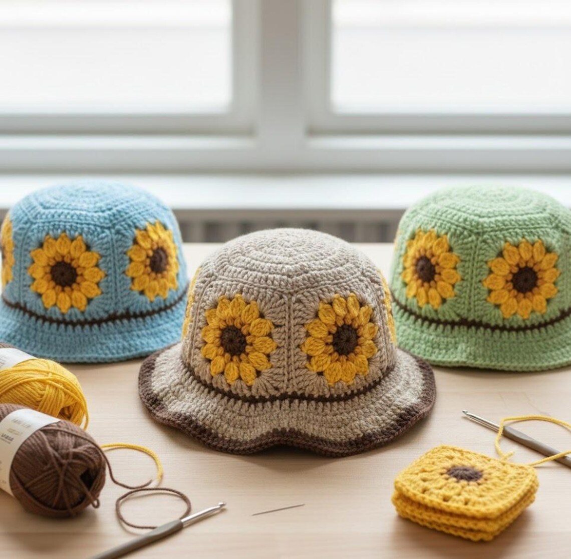 Crochet Sunflower Bucket Hat Pattern | DIY Granny Square Cottagecore ...