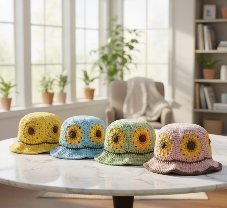 Crochet Sunflower Bucket Hat Pattern | DIY Granny Square Cottagecore ...