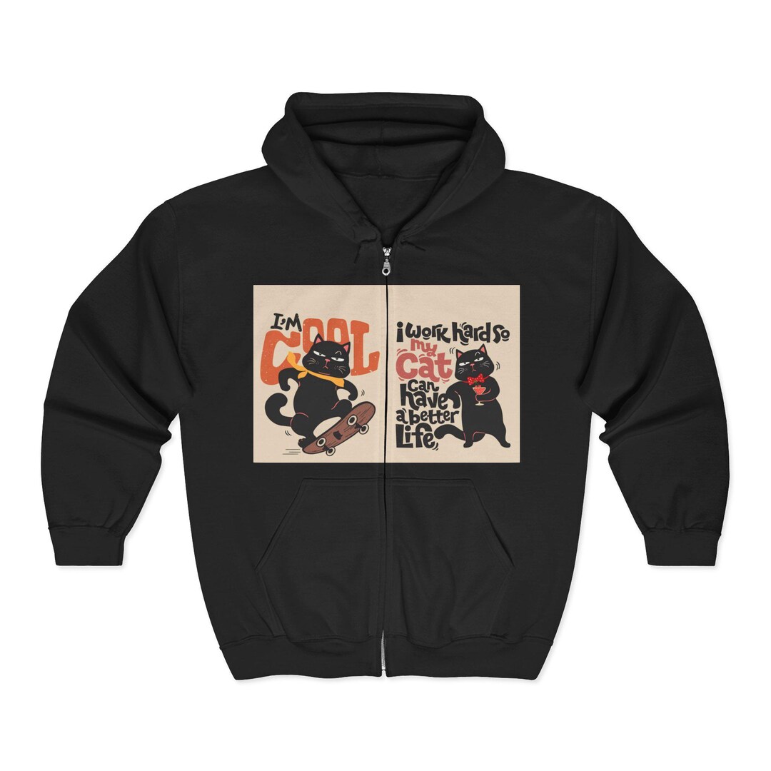 Grumpy Black Cat Skateboard Hoodie | Cat Face Full Zip Sweatshirt - Etsy