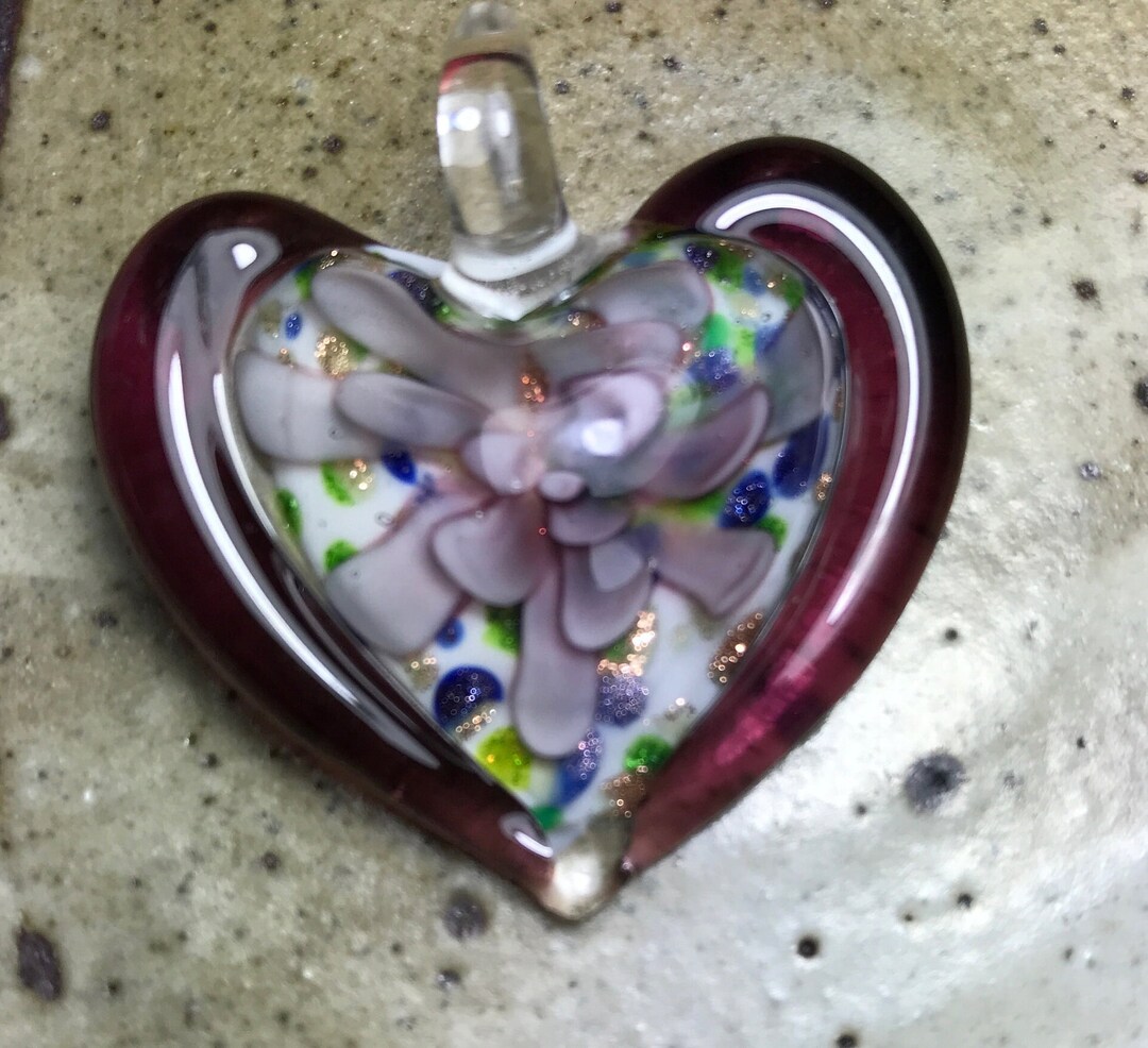 40 Mm Dusty Purple Heart Shaped Glass Pendant With Flowers for - Etsy