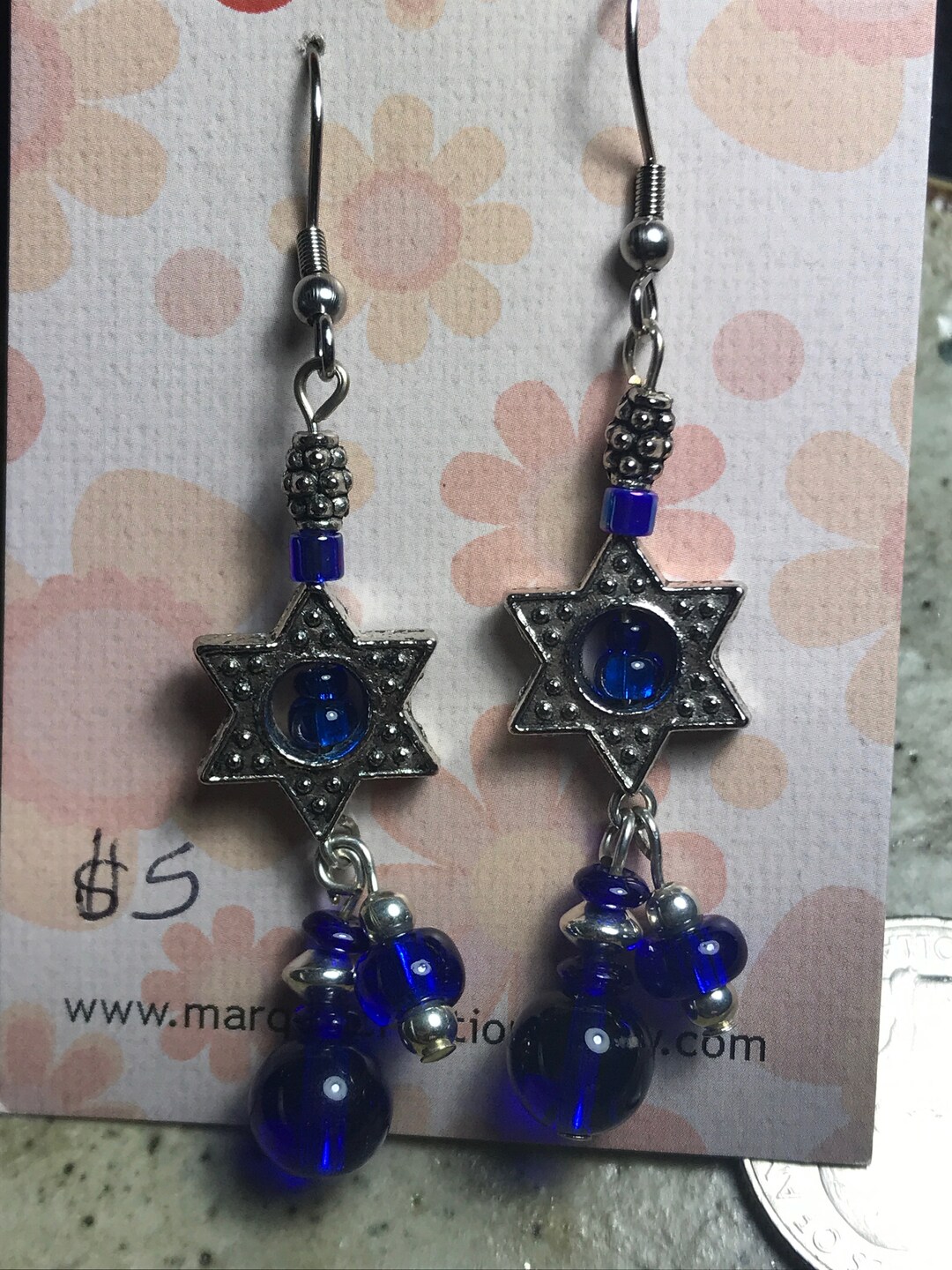 Blue Glass Beads and Silver Star of David Dangle Earrings - Etsy