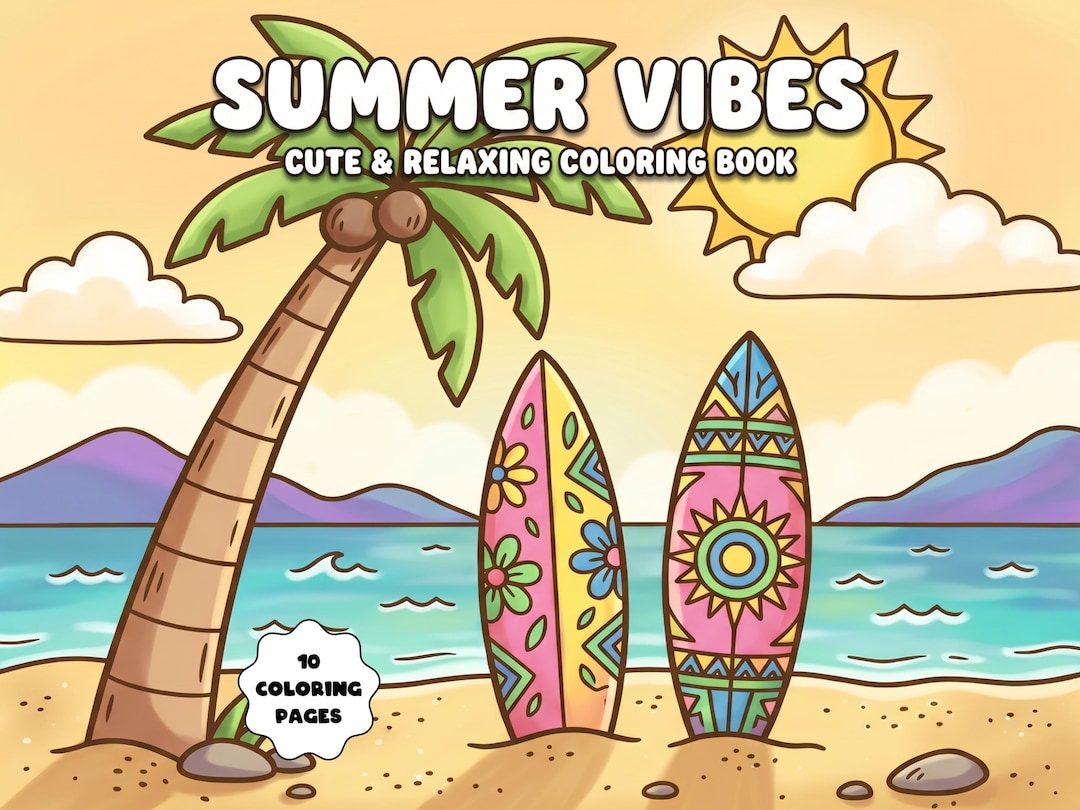 Summer Vibes Coloring Pages Bundle, Tropical Beach Art, Adult ...