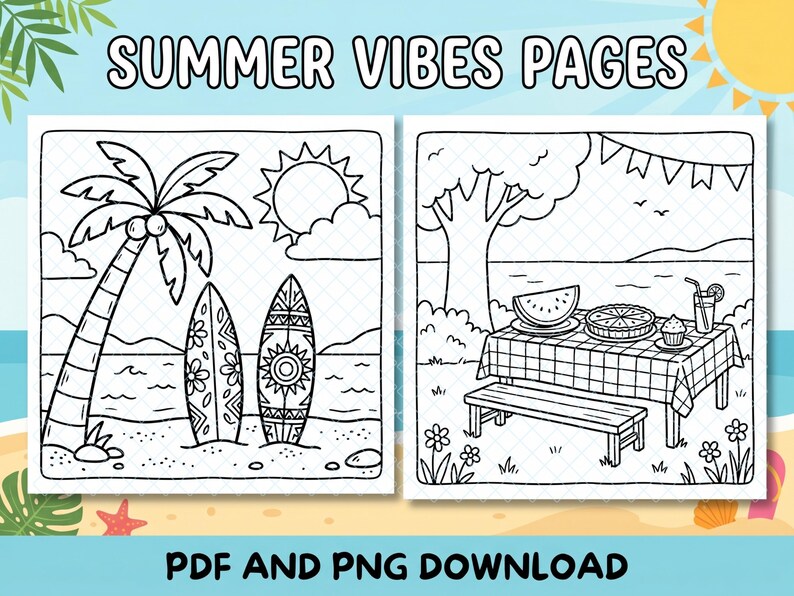 Summer Vibes Coloring Pages Bundle, Tropical Beach Art, Adult ...