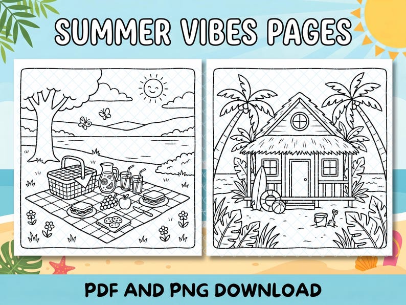 Summer Vibes Coloring Pages Bundle, Tropical Beach Art, Adult ...