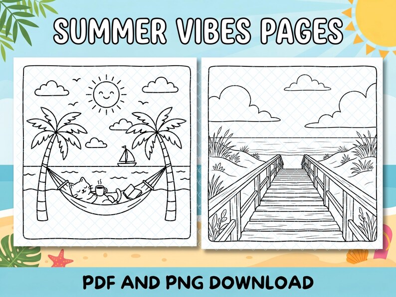 Summer Vibes Coloring Pages Bundle, Tropical Beach Art, Adult ...