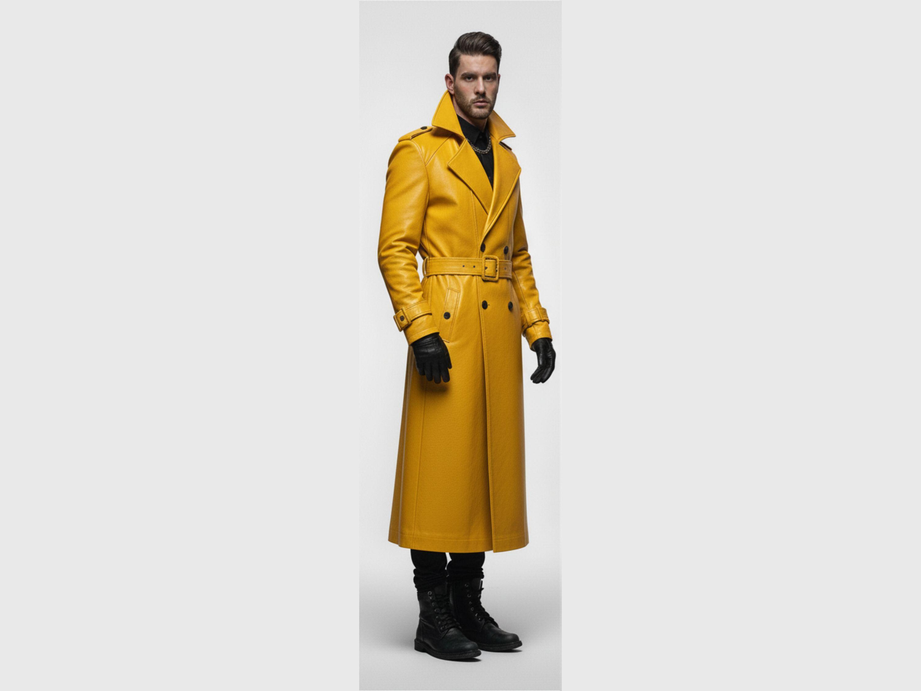Yellow Gothic Leather Trench Coat | Dragon Embroidered Long Jacket ...
