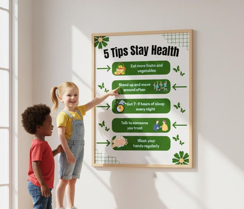 5 Tips Stay Health Poster for Kids, Daily Wellness Habits Chart ...