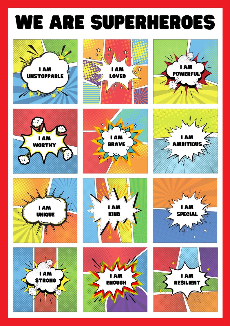 Superhero Affirmations Wall Art for Kids, Growth Mindset Poster for ...