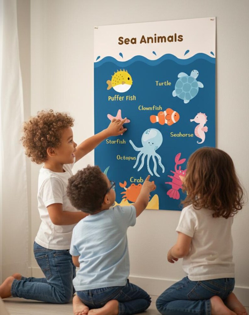 Sea Animals Poster for Kids, Cute Ocean Life Chart for Toddlers ...