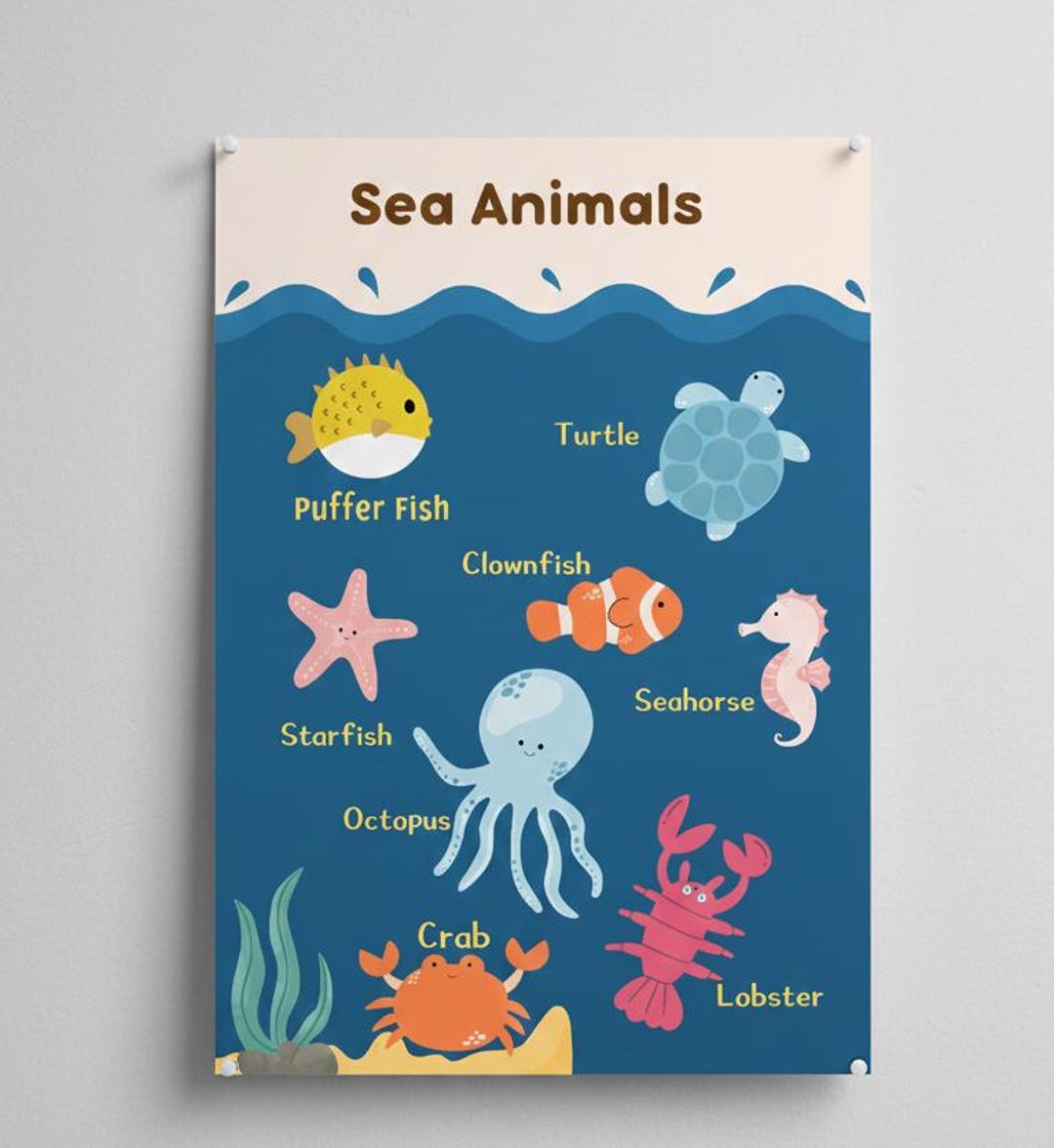 Sea Animals Poster for Kids, Cute Ocean Life Chart for Toddlers ...