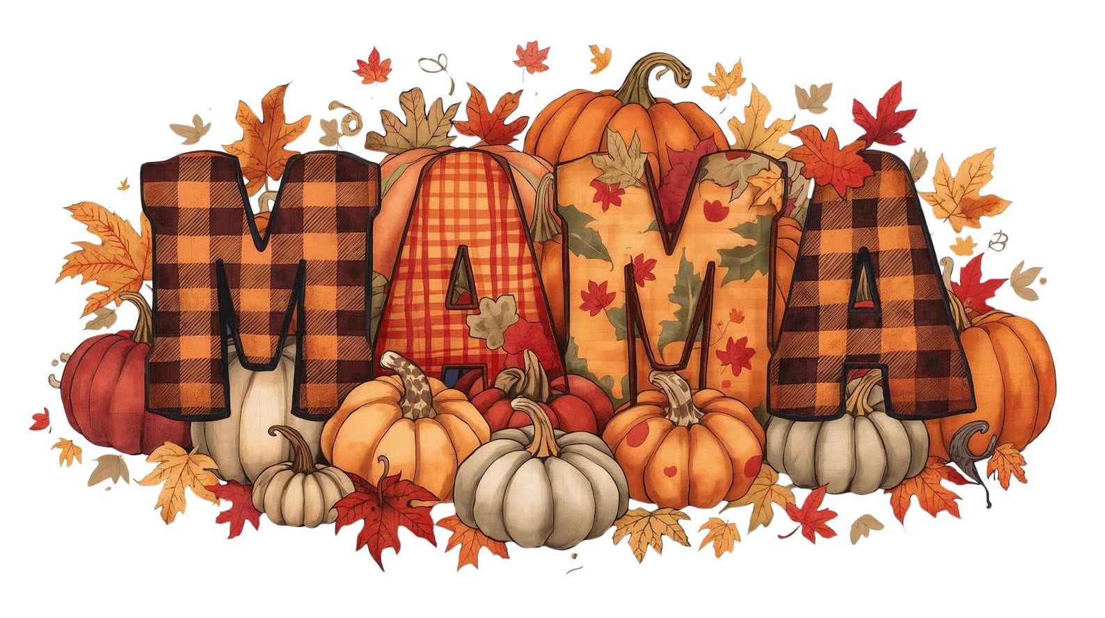 Fall Pumpkin Mama PNG: Plaid Leaves Illustration (digital Download) - Etsy