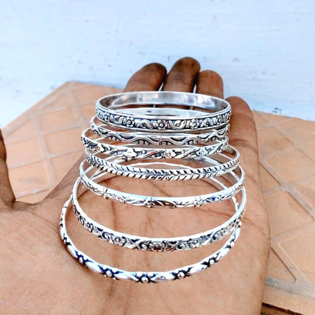Bohemian Hand Engraved Silver Bangles, Set of 7 Stackable Bracelets ...