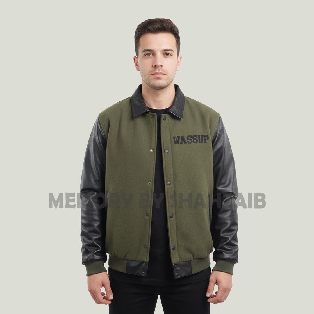 Olive & Black Varsity Jacket WASSUP Edition Streetwear Clothing for Men ...