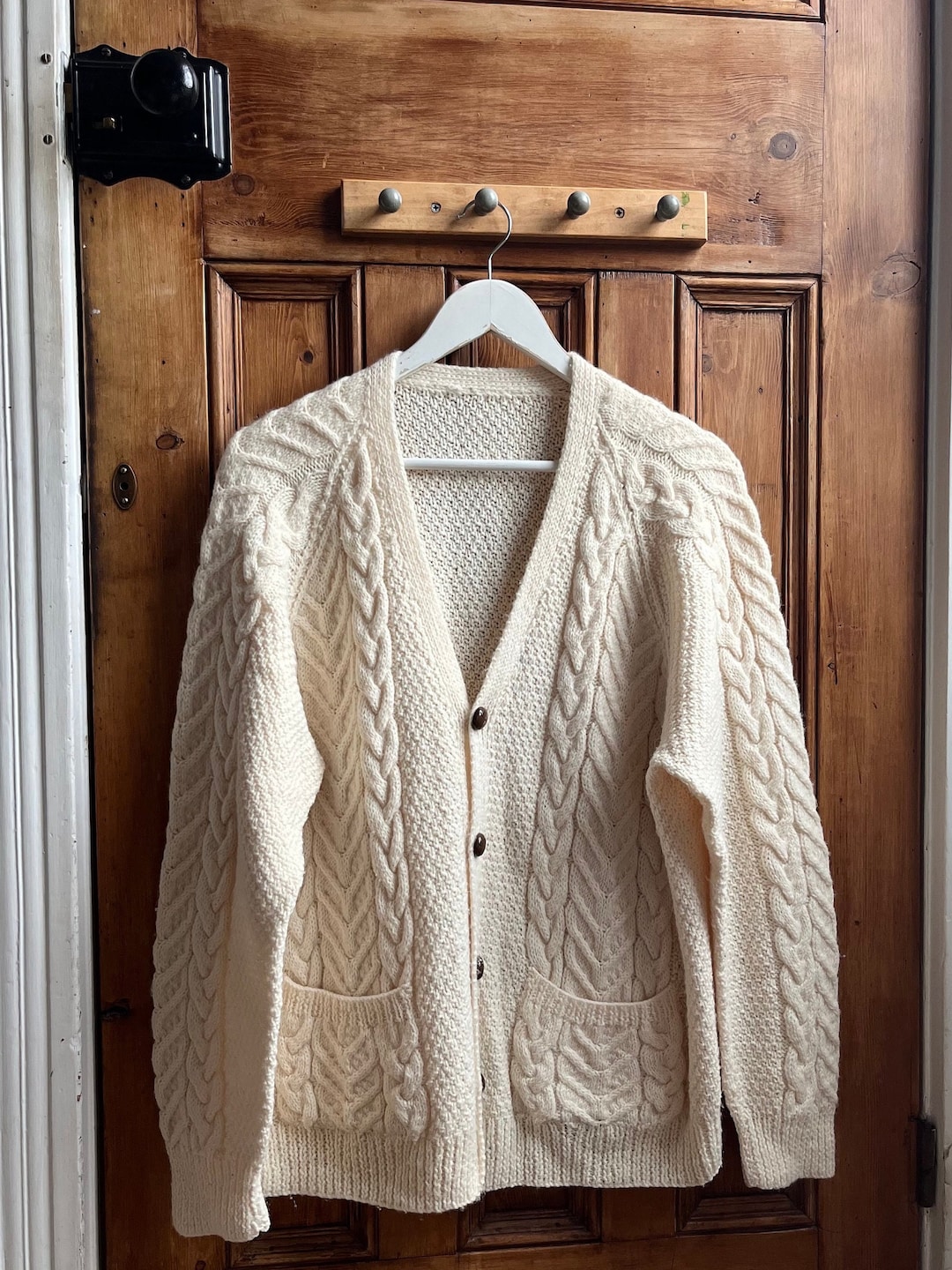 Ladies Vintage Hand Knitted Cardigan Jumper Cream Chunky Cable Design ...