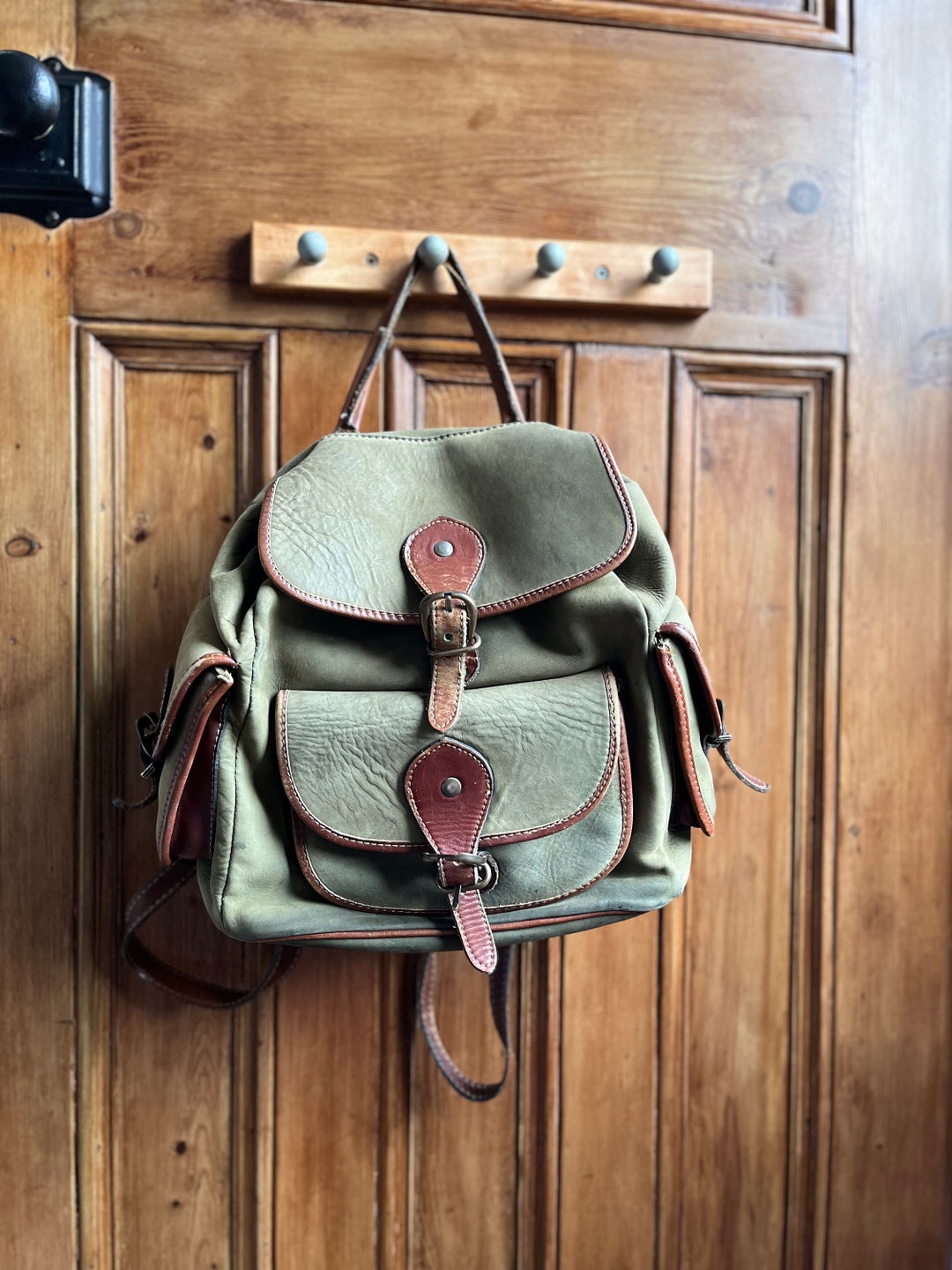 Preloved Backpack Rugsack Olive Green Leather Vintage Bags Tan Brown ...