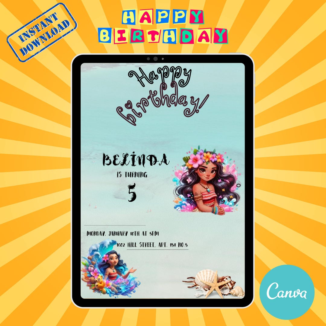 Moana 5th Birthday Invitation, Editable Digital Download, Tropical ...