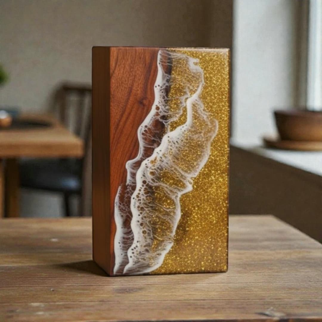 Epoxy Gold Sparkle Urn Box | Wood Ocean Wave Memorial for Ashes ...