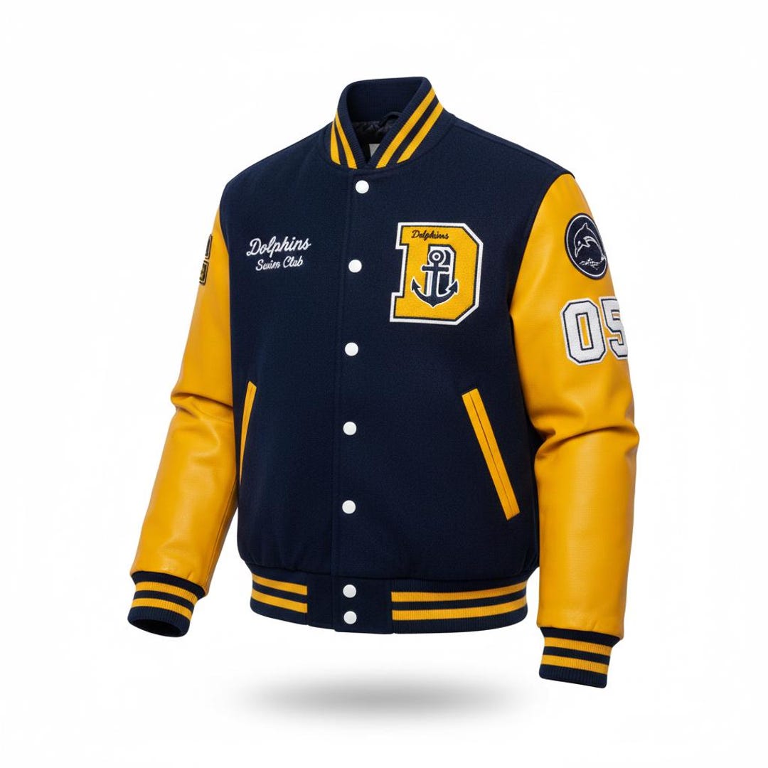 Navy Blue & Yellow Varsity Jacket – Dolphins Letterman Jacket for Men ...