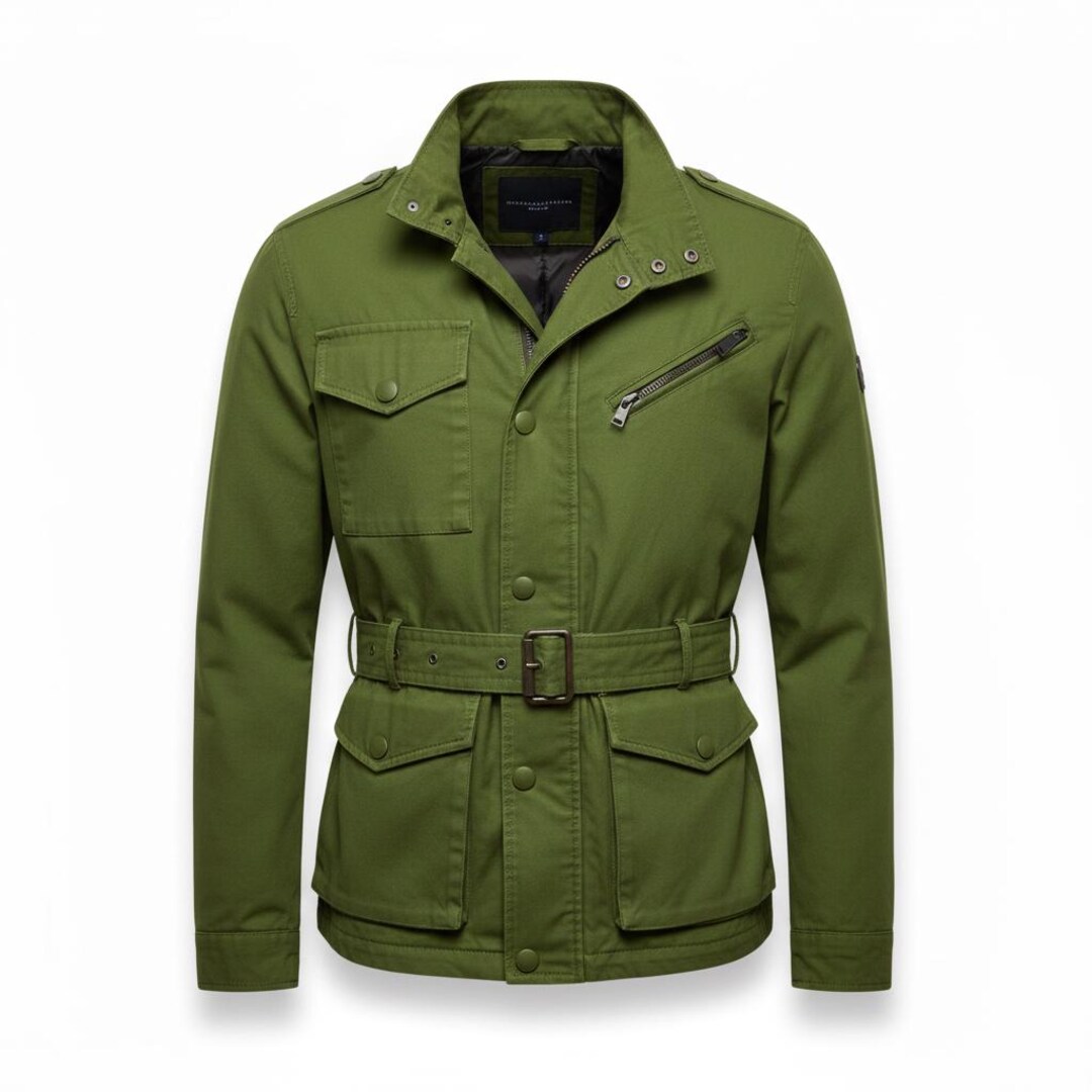 Men’s Olive Green Military Style Jacket – Belted Utility Winter Coat ...