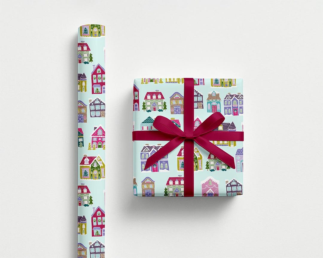 Aqua Holiday Houses Wrapping Paper - Etsy