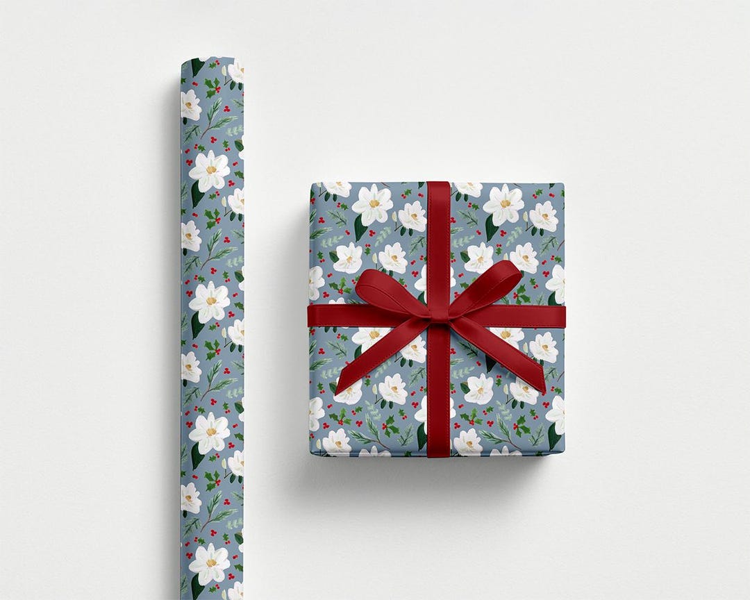 Magnolia & Holly Wrapping Paper in Dusty Blue - Etsy