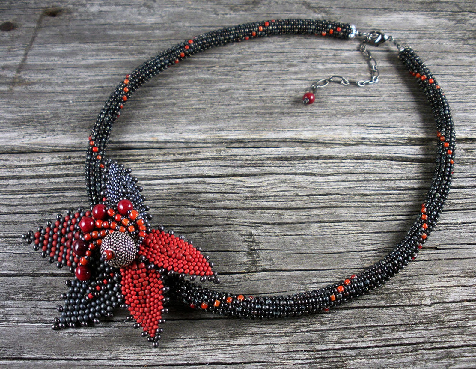 SOLD! Beadweaving: Peyote Rope Necklace With Beaded Flower in Red ...