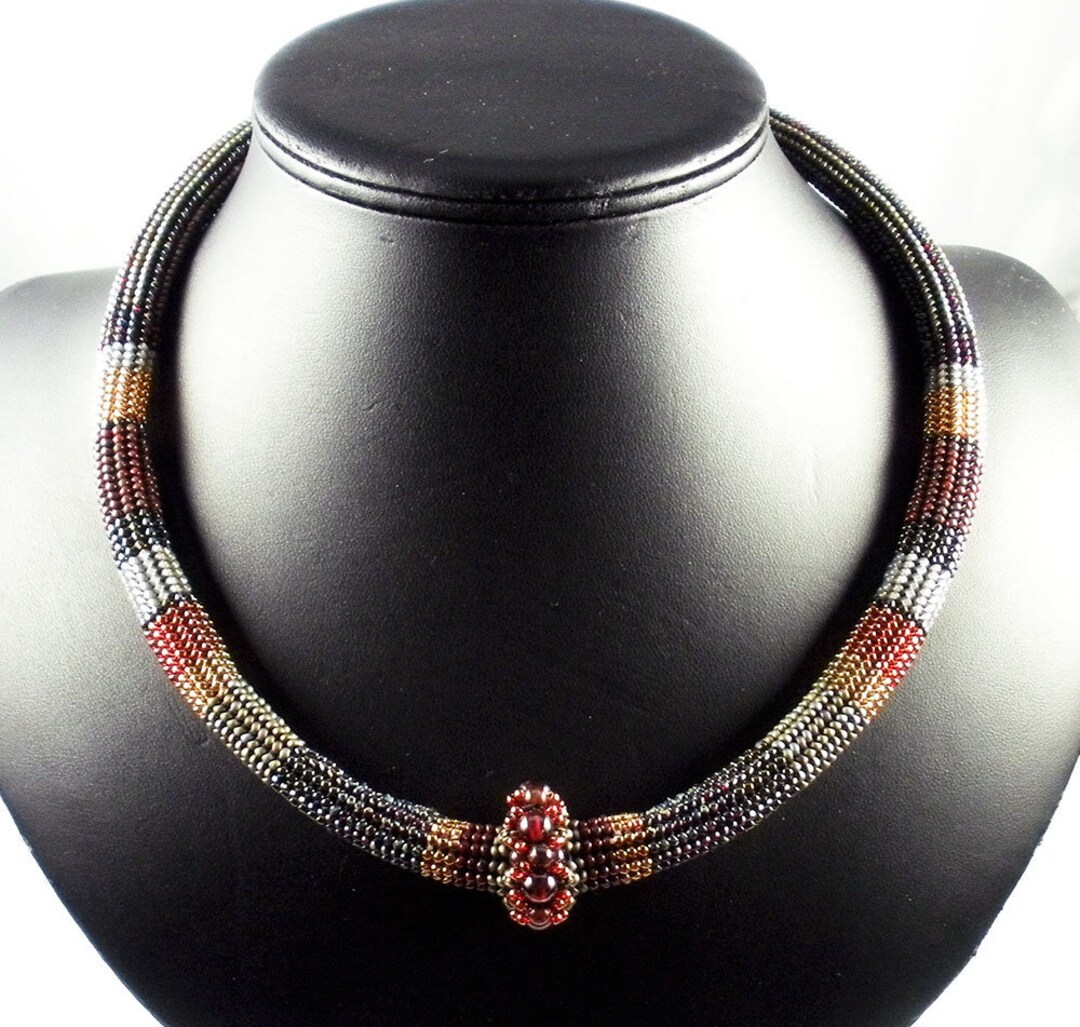 SOLD Banded Herringbone Rope in Grey & Garnet Shades With Garnet Beaded ...