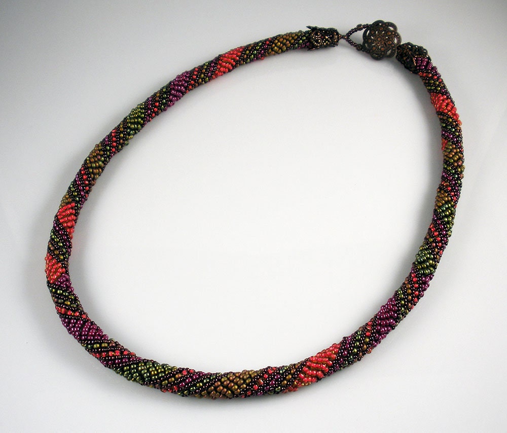 SOLD! Beadweaving: Russian Spiral Rope Necklace in Coral, Green ...