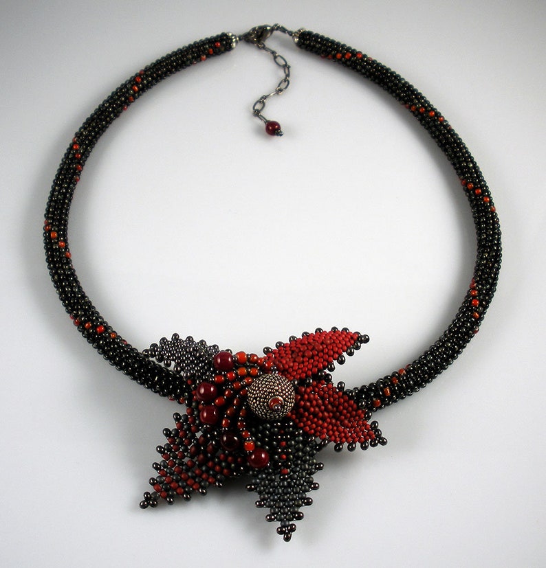 SOLD! Beadweaving: Peyote Rope Necklace With Beaded Flower in Red ...