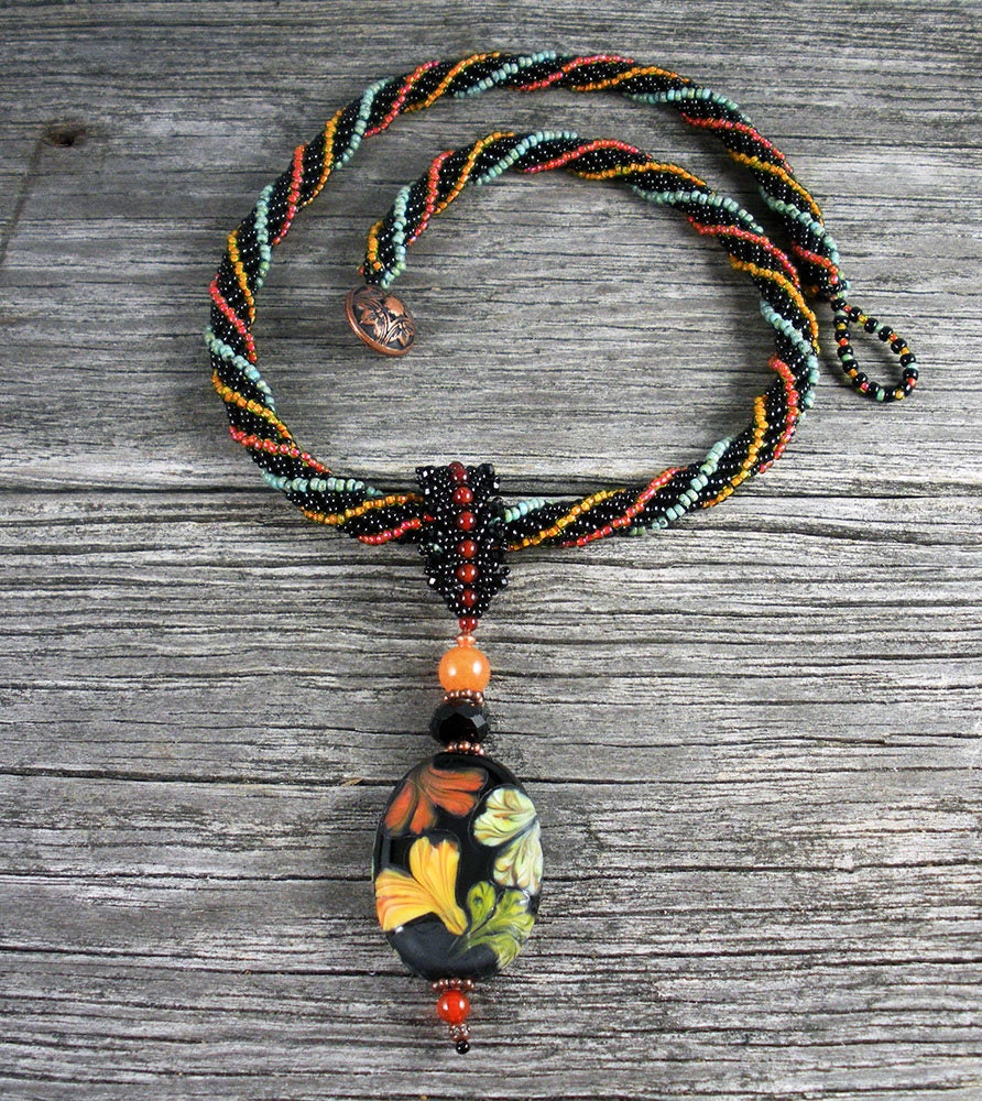 SOLD! Beadweaving: African Helix Rope With Floral Lampwork Pendant in ...