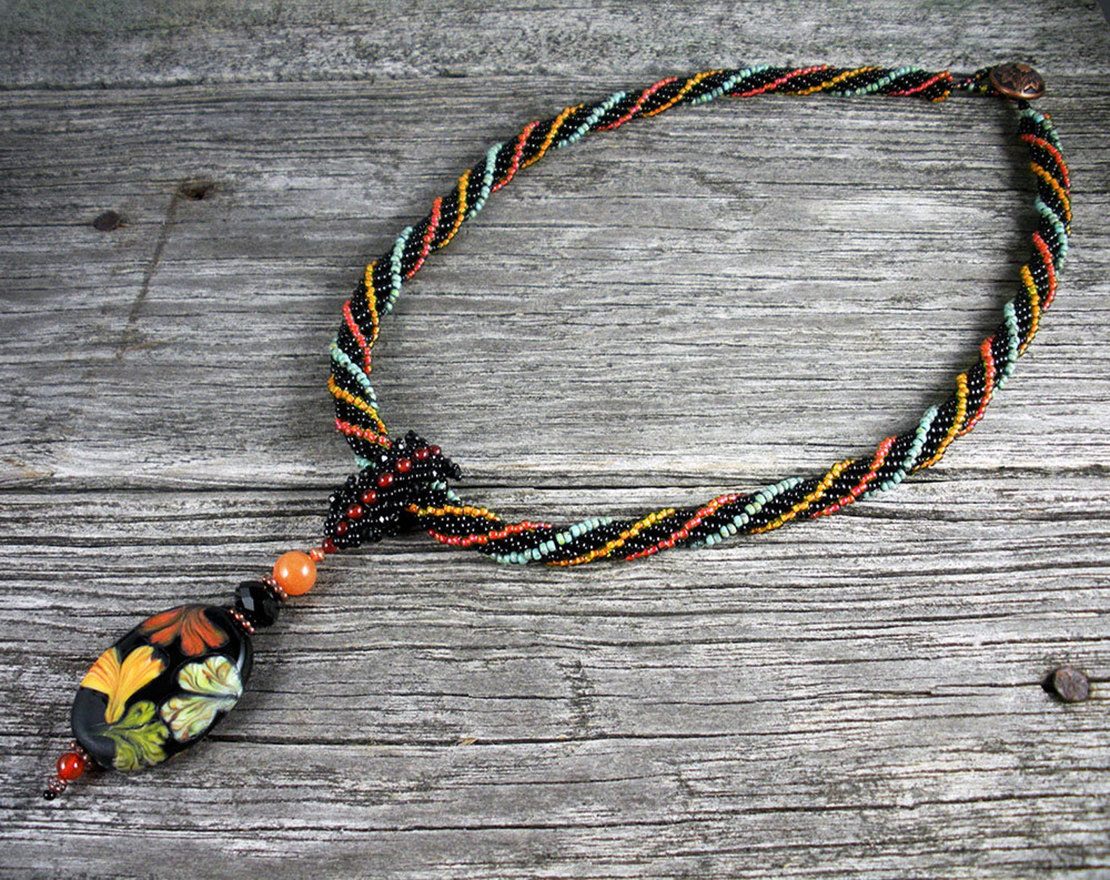 SOLD! Beadweaving: African Helix Rope With Floral Lampwork Pendant in ...