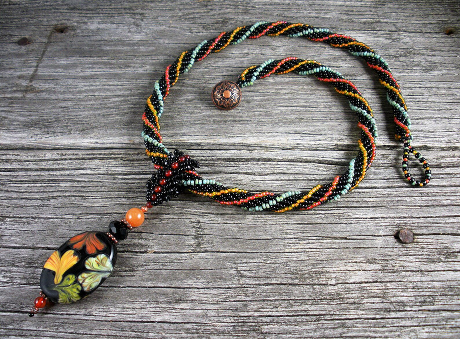 SOLD! Beadweaving: African Helix Rope With Floral Lampwork Pendant in ...