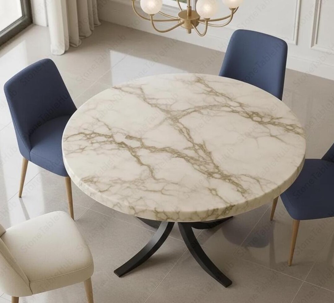 Round Cream Marble Dining Table – Modern Gold Veining, Luxury Pedestal ...