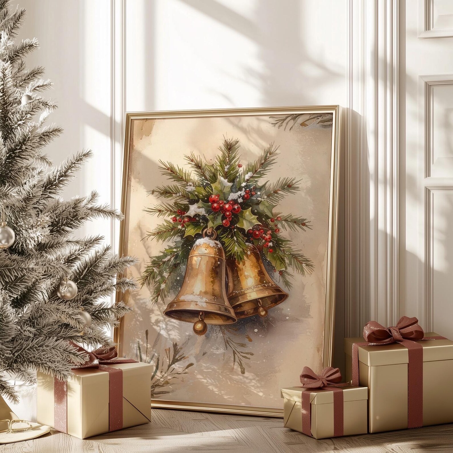 Vintage Christmas Bells Printable Wall Art | Watercolor Holly and Pine ...