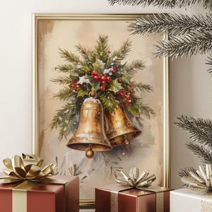 Vintage Christmas Bells Printable Wall Art | Watercolor Holly and Pine ...