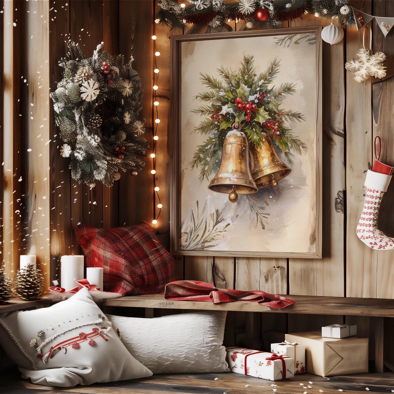 Vintage Christmas Bells Printable Wall Art | Watercolor Holly and Pine ...