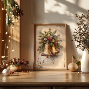 Vintage Christmas Bells Printable Wall Art | Watercolor Holly and Pine ...