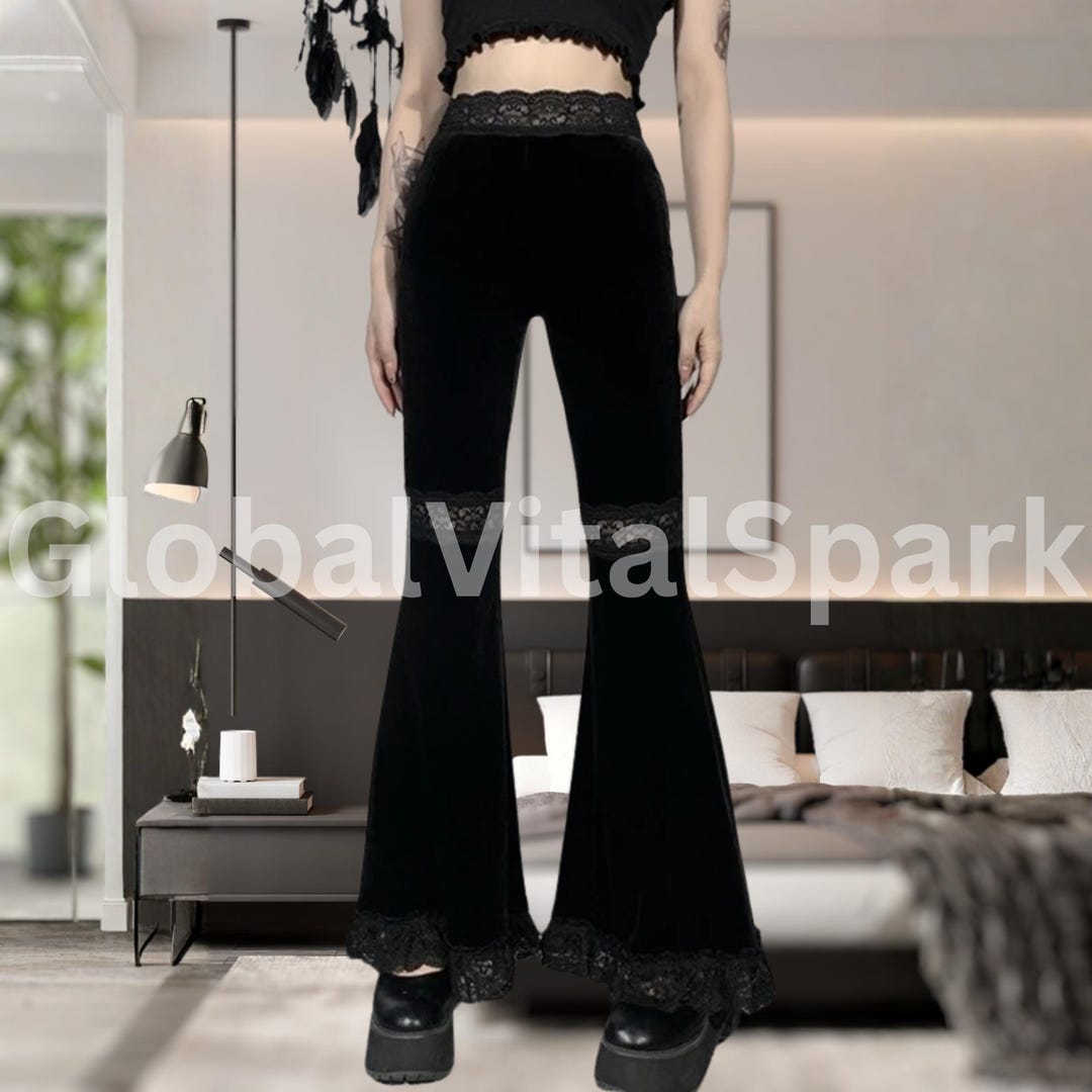 Gothic Velvet Bell Bottoms, Emo Goth Trousers, Lace Trim Flare Pants ...