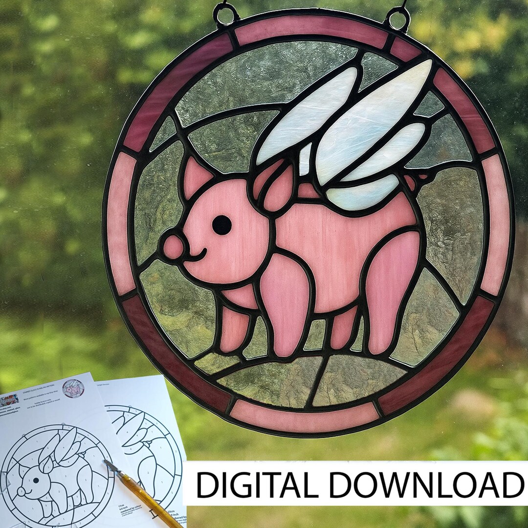 Flying Pig Stained Glass Pattern PDF, Whimsical Glass Template, Pigs ...