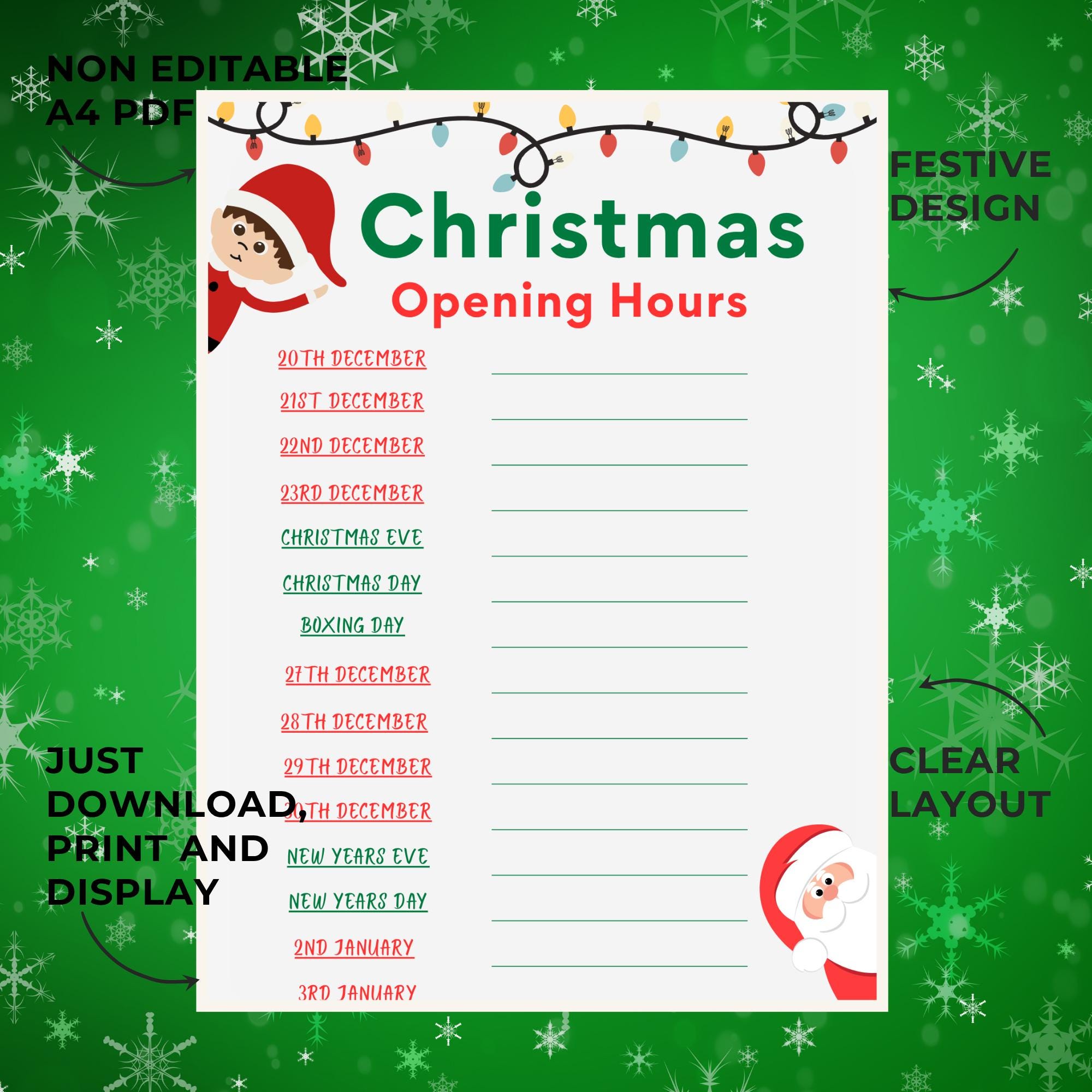Christmas Opening Hours Sign: Printable Holiday Template (A4 PDF) - Etsy